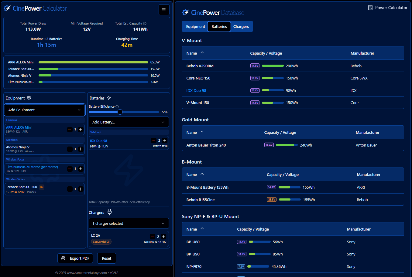 CinePower Calculator for Film Equipment Battery Usage - Camera Rentals NYC